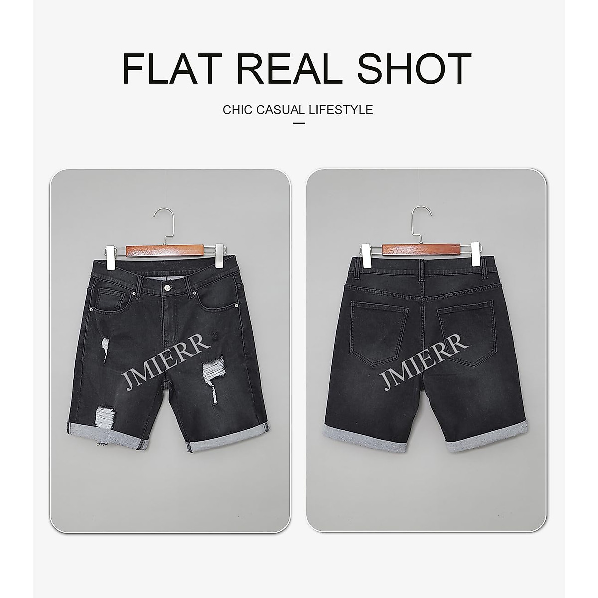 JMIERR Mens Shorts Casual Denim Stretch Slim Fit Washed Distressed Rolled Ripped Jean Shorts for Men US 36(L) Model B Black