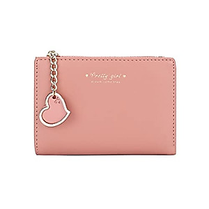Sunwel Fashion Small Wallet with Heart Pendant Bifold Wallet Zipper Pocket Cash Card Holder Coin Purse for Women Girls (PINK, HEART CHARM)