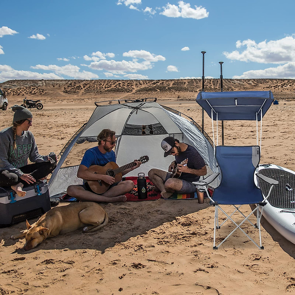 PORTAL Folding Sun Protection Lawn Chair with Canopy and Cup Holder for Outdoor Camp Park Patio Beach Picnic, Support 300 LBS, Blue/Grey