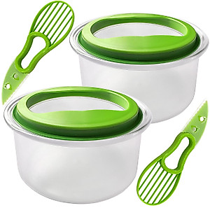 Kreapa Guacamole keeper (2park) guacamole bowls avocado keeper Fresh Guacamole Plastic Kitchen Storage Container with Air Tight Lid, 3-in-1 Avocado Slicer avocado tool 2pcs
