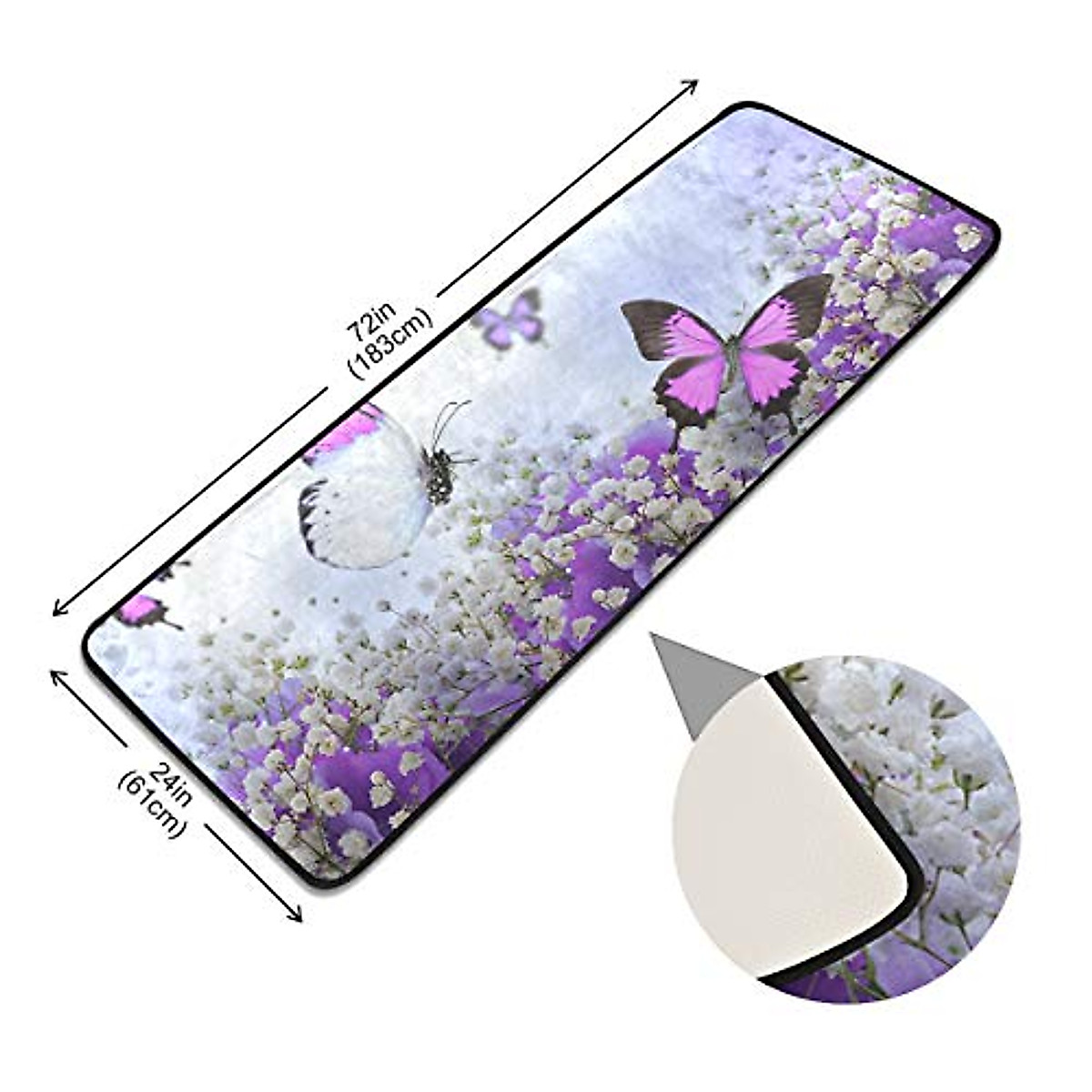 Purple Flowers and Butterflies Kitchen Rugs Non-Slip Soft Doormats Bath Carpet Floor Runner Area Rugs for Home Dining Living Room Bedroom 72" X 24"