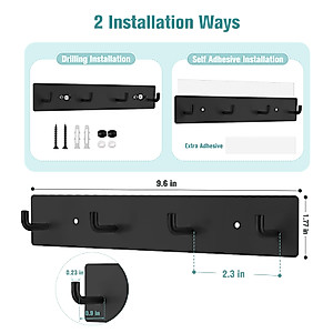 RELBRO Key Holder Wall Mount, Black Metal Key Hanger Self Adhesive Key Rail with 4 Key Hooks Key Rack Organizer 2 Options Installation for Entryway Hallway Kitchen RV Camper