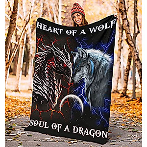Wolf and Dragon Heart of Wolf Soul of Dragon Fleece Blanket Great Customized Blanket Gifts for Birthday Christmas Thanksgiving