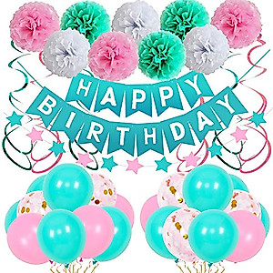 Birthday Decorations, Birthday Party Supplies Kit for Girls Women Happy Birthday Banner Pink Teal Latex Balloons Tissue Paper Pom Pom Star Garland Hanging Swirls Birthday Decor for 13th 16th 18th 21st