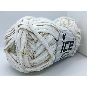 Metallic Accent Chenille Yarn - 50 Grams (1.75 Ounces) 65 Meters (71 Yards) White, Gold