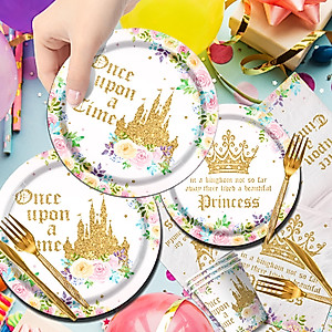 Dydamud Princess Castle Birthday Party Decoration, Once Upon a Time Pink Floral Tableware Include Princess Party Plates and Napkin Sets for Girls Birthday Party, Baby Shower