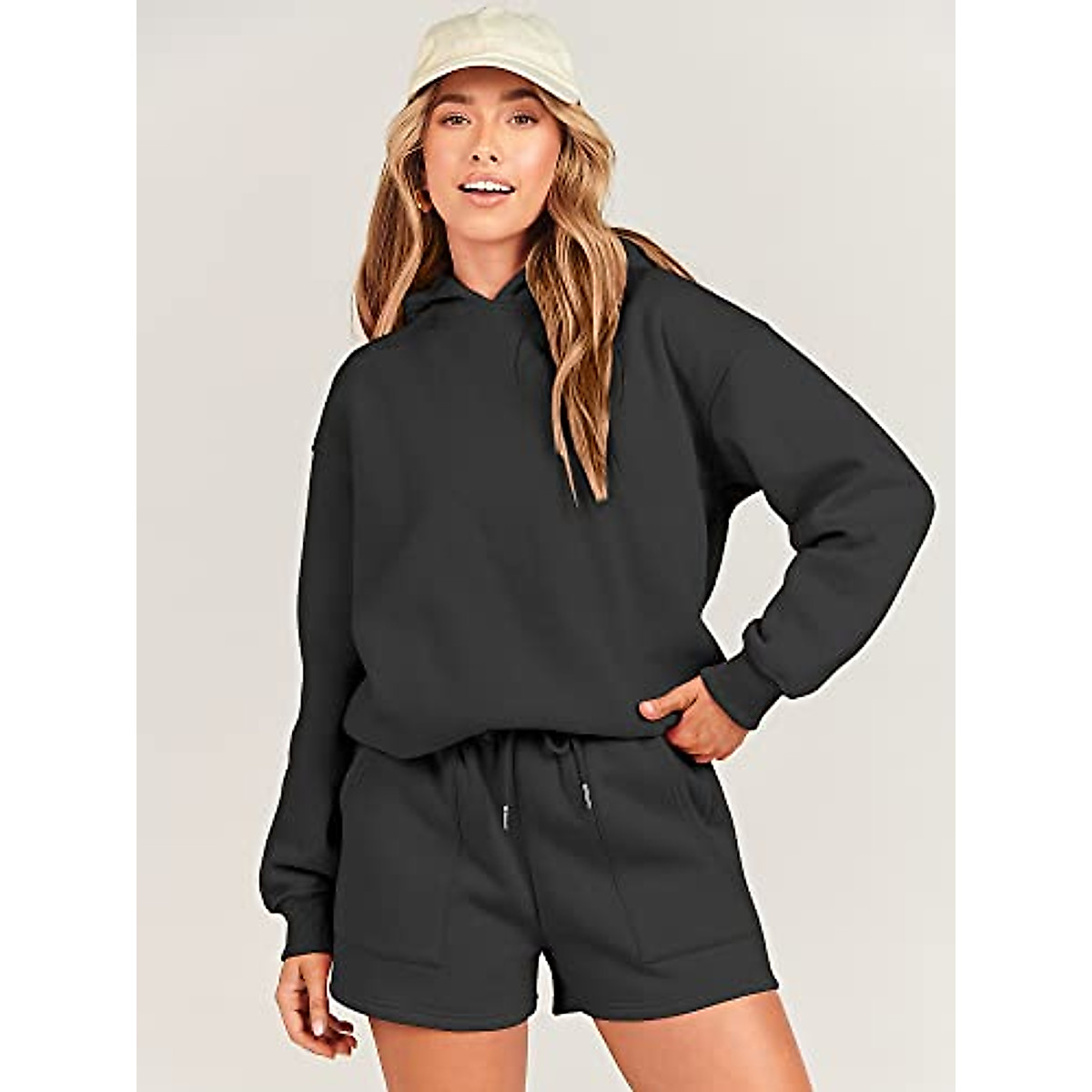 ANRABESS Women 2 Piece Outfits Hoodies Short Set Oversized Fleece Sweatshirt Shorts Sweatsuit Y2K 2023 Fall Clothes Lounge Matching Sweat Set 1046heise-L
