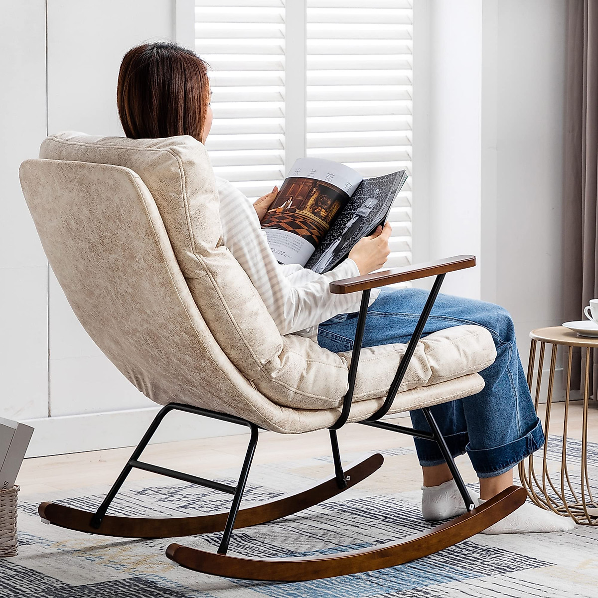 HNY Modern Rocking Chair Nursery with Wood Arms, PU Leather Overstuffed Upholstered Glider Rocker Chair with Adjustable Backrest, 22" Wide Armchair for Living Room/Bedroom/Small Space, Cream