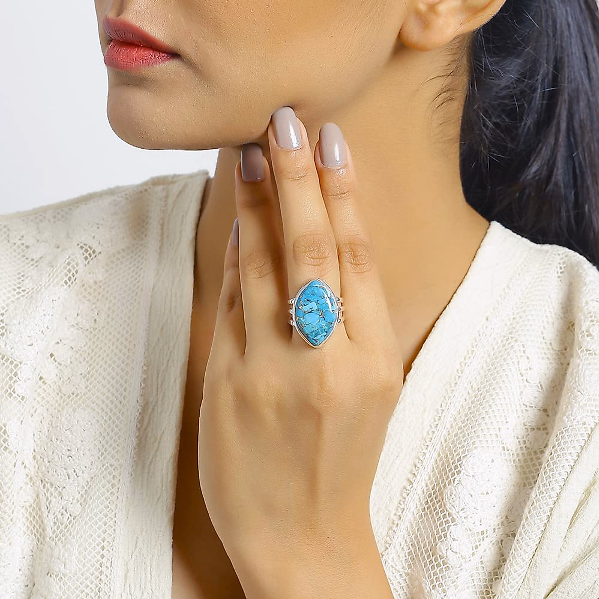 YoTreasure Blue Turquoise Solid 925 Sterling Silver Split Shank Ring Jewelry