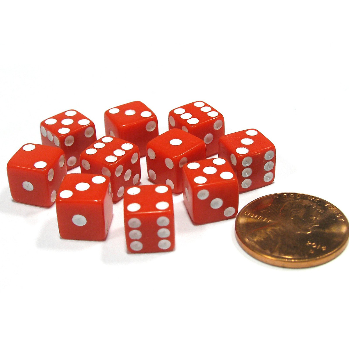 Set of 10 Red 8mm Six Sided D6 Small Square Dice with White Pips by Koplow Games