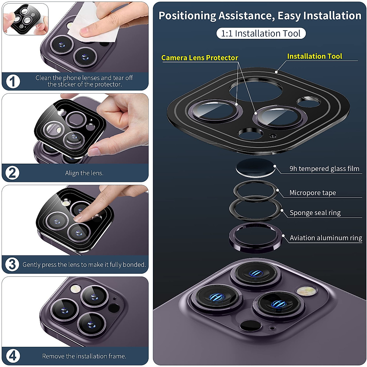 Hoerrye for iPhone 14 Pro/iPhone 14 Pro Max Camera Lens Protector, [Keep Lens Original Design] Anti-Scratch 9H Tempered Glass Camera Cover Screen Protector Metal Ring Accessories - Deep Purple