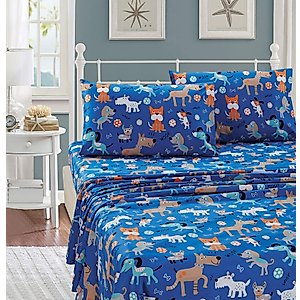 Better Home Style Playing Puppy Blue Kids/Boys/Toddler 4 Piece Sheet Set with Woof Woof Wagging Dogs Pups and Puppies Includes Pillowcases Flat and Fitted Sheets # Blue Dog (Full)