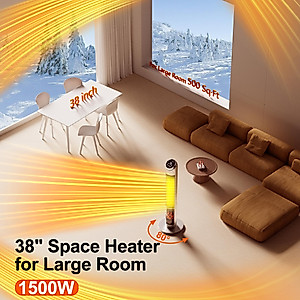 38" Space Heater for Large Room, 1500W Electric Fireplace Heaters Indoor Use with Thermostat, 500 sq ft Ceramic Heater for Bedroom, 80° Oscillating Tower Heater Fan with Remote & 24H Timer Silver
