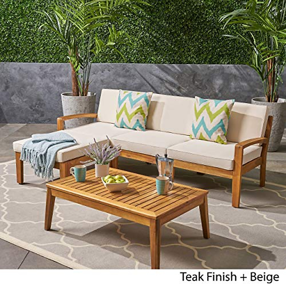Christopher Knight Home Grenada Sectional Sofa Set | 5-Piece 3-Seater | Includes Coffee Table and Ottoman | Acacia Wood Frame | Water-Resistant Cushions | Teak and Beige, Finish