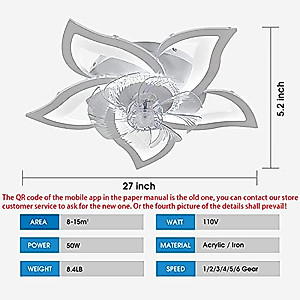 AHAWILL Modern Low Profile Ceiling Fan with Lights,110v Dimmable Flower Ceiling Light Fan with Remote Control/app Control,Timing 6 Gear Speeds Fan Suitable for Bedroom,Living Room,and etc.（White）