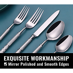 Thomaso 20-piece Round Handle Silverware Set,1810 Stainless Steel Hammered Flatware Set for 4,Silver Spoons and Forks Set,Unique Round Handle Cutlery Set,Wedding Housewarming Gift, Dishwasher Safe