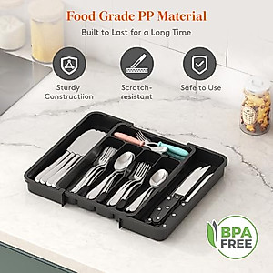 Lifewit Silverware Drawer Organizer, Expandable BPA Free Utensil Tray for Kitchen, Adjustable Flatware and Cutlery Holder for Spoons Forks Knives, Plastic Kitchen Organizers and Storage, Black