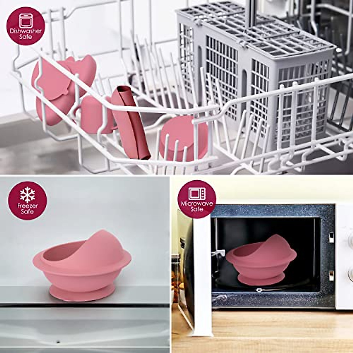 Pinko Coral Baby Led Weaning Supplies Silicone Baby Self Feeding Utensils with Suction Bowl Divided Plate Adjustable Baby Bib Soft Spoon Fork with Lid Drinking Cup Utensil