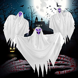 27.5” Halloween Hanging Ghosts Glow in The Dark for Halloween Party Decoration (3 Pack), Cute Flying Ghosts for Front Yard Patio Garden Tree Lawn Party Halloween Holiday Hanging Decorations