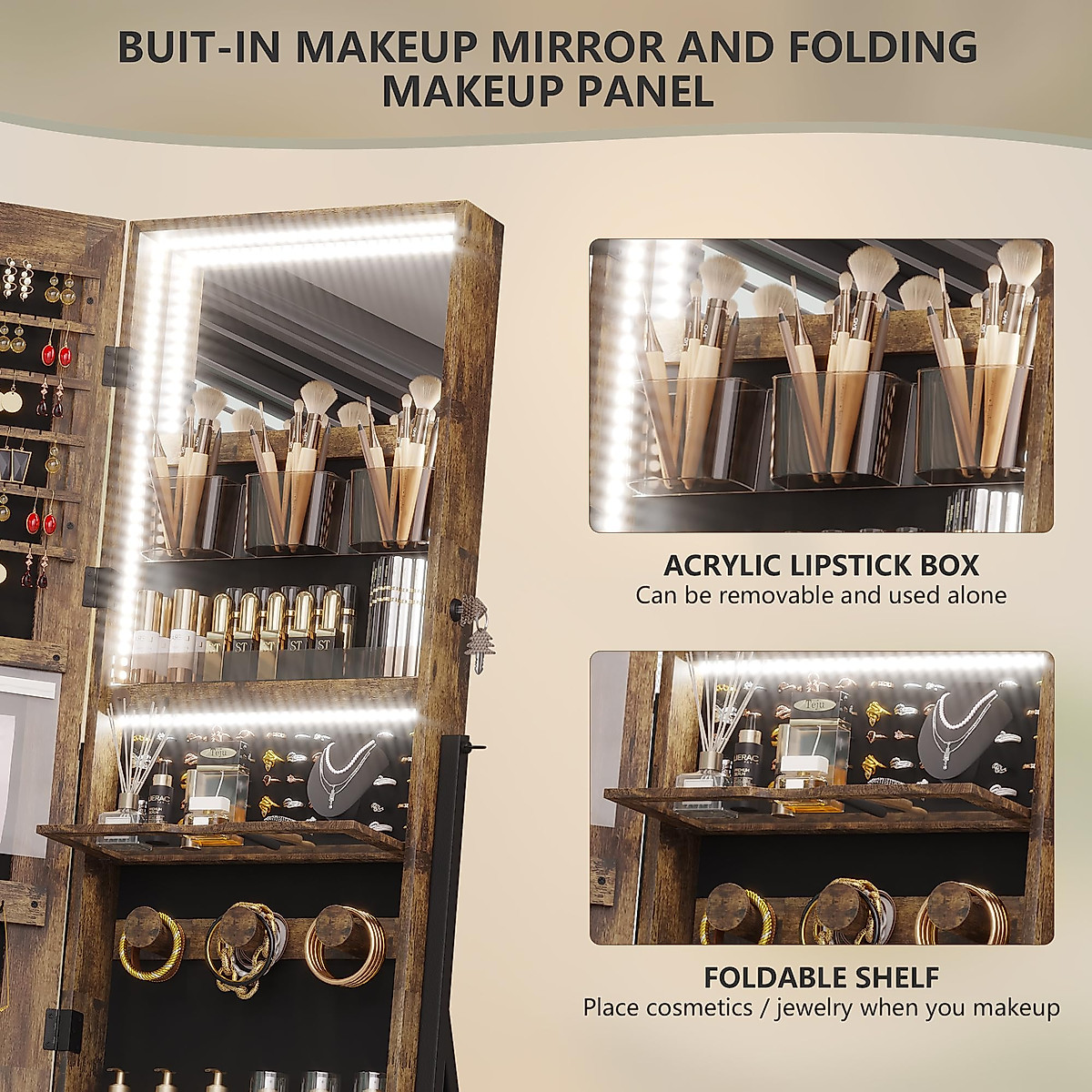 jajov 47.2" LED Jewelry Cabinet Armoire, Standing Full-Length Mirror With Jewelry Storage, Jewelry Organizer Armoire, Lockable Jewelry Mirror Cabinet (Rustic Brown)