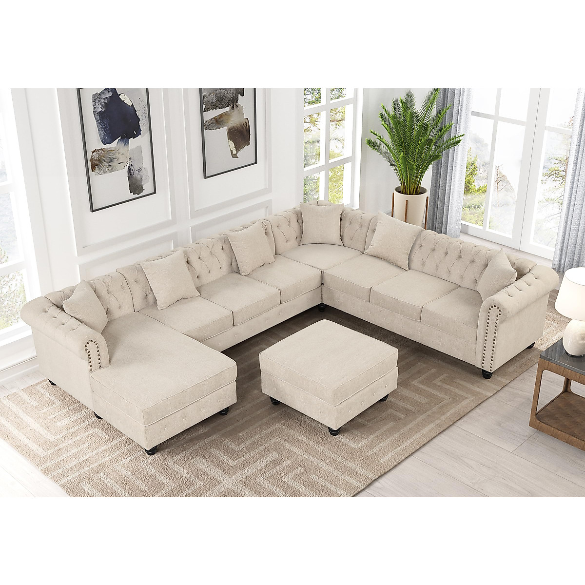 Morden Fort Chesterfield Modular Convertible Sectional U-Shape Polyester Fabric Sofa with Chaise Accent Tufted Couch for Living Room Furniture Set