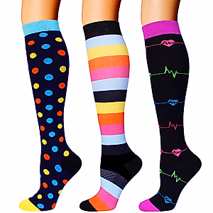 Double Couple 3 Pairs Compression Socks for Women Men 20-30mmhg Knee High Stocking for Sports Running Travel Nurses