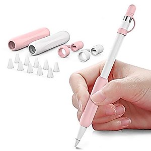 Delidigi 2 Pack iPencil Grip Ergonomic Sleeve with Anti-Lost Replacement Cap Plus Tips Cover Accessories Set Compatible with Apple Pencil 1st Generation (White, Pink)