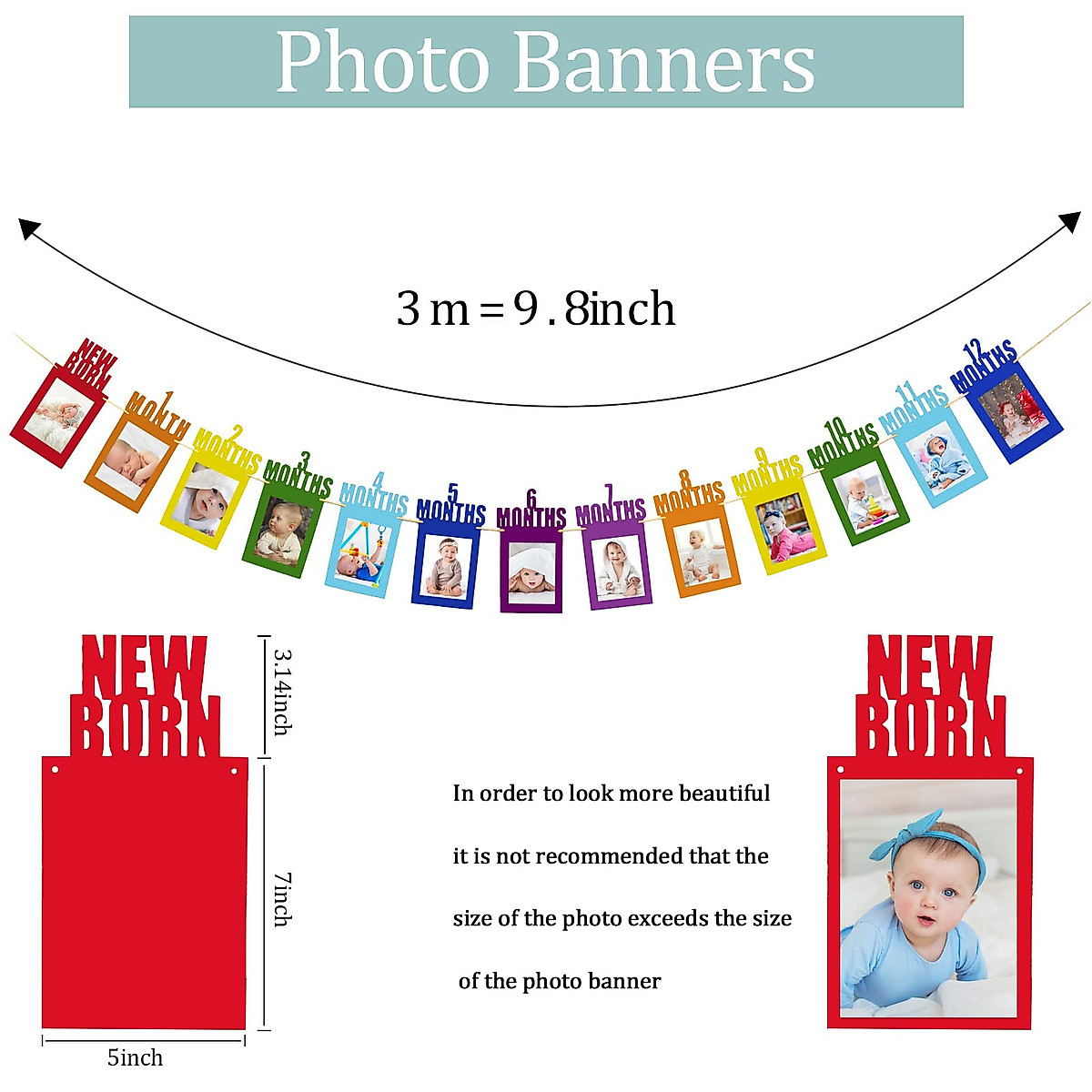 1st Birthday Banner for Boys Girls Party Decoration, Custom Banner for Baby with Photo from Newborn to 12 Months, Monthly Milestone Photograph for First Birthday Party