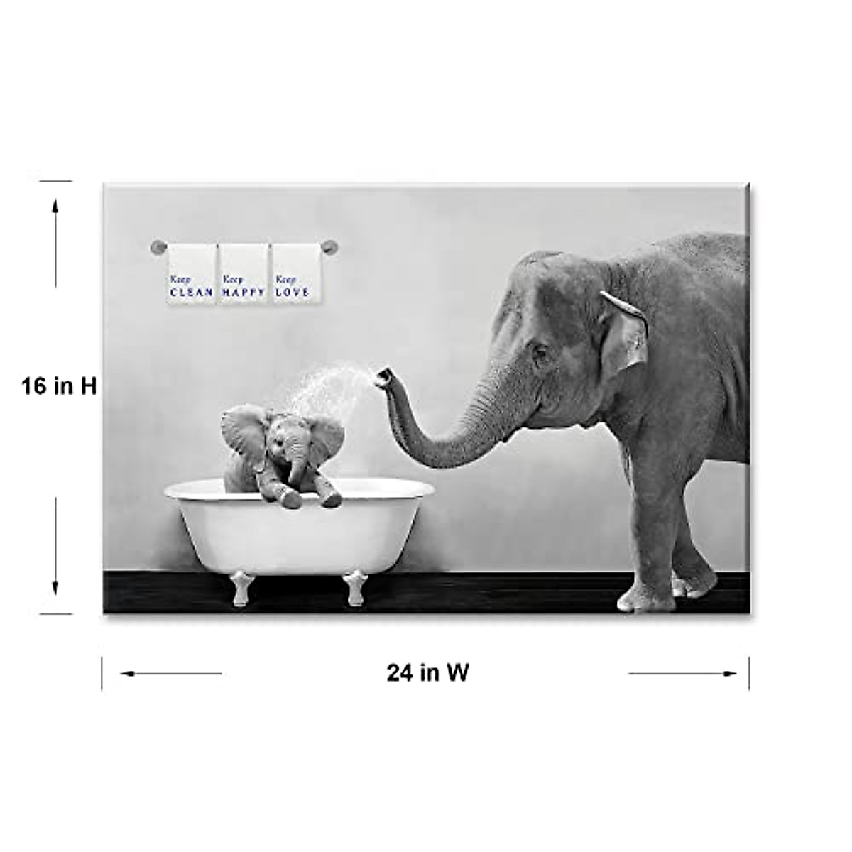 Piy Painting Elephant Bathroom Decor Wall Art, Funny Canvas Prints of Mother and Child Playing Water in Bath Crock, Warm Bathtub Picture with Keep Clean, Keep Happy, Keep Love Words Motivating Kids.