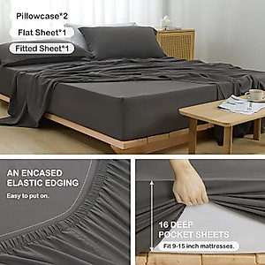 Charcoal Grey Linen-Textured Bed Sheets Set, Bamboo Rayon , Cotton , Linen Blend Bed Sheets Queen Size, Soft Cool & Breathable for Hot Sleepers,Durable Natural Organic Bed 15'' Deep Pocket - 4 Piece