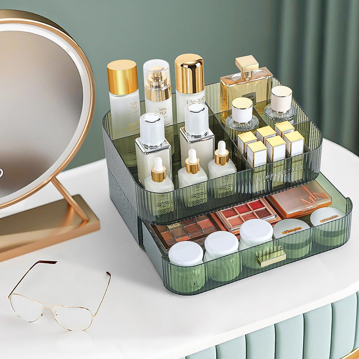 Makeup Organizer with Drawer, Large Capacity Countertop Organizer for Vanity, Bathroom and Bedroom Desk Cosmetics Display Case for Lotions, Brushes, Perfumes, Eyeshadow, Lipstick and Nail Polish