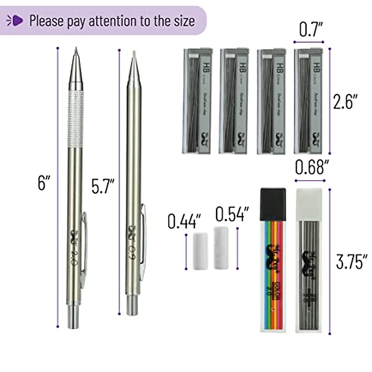 Mr. Pen- Metal Mechanical Pencil Set with Lead and Eraser Refills, 5 Sizes, 0.3, 0.5, 0.7, 0.9, 2mm, Drafting, Sketching, Architecture, Drawing Mechanical Pencils, Metal Mechanical Pencils