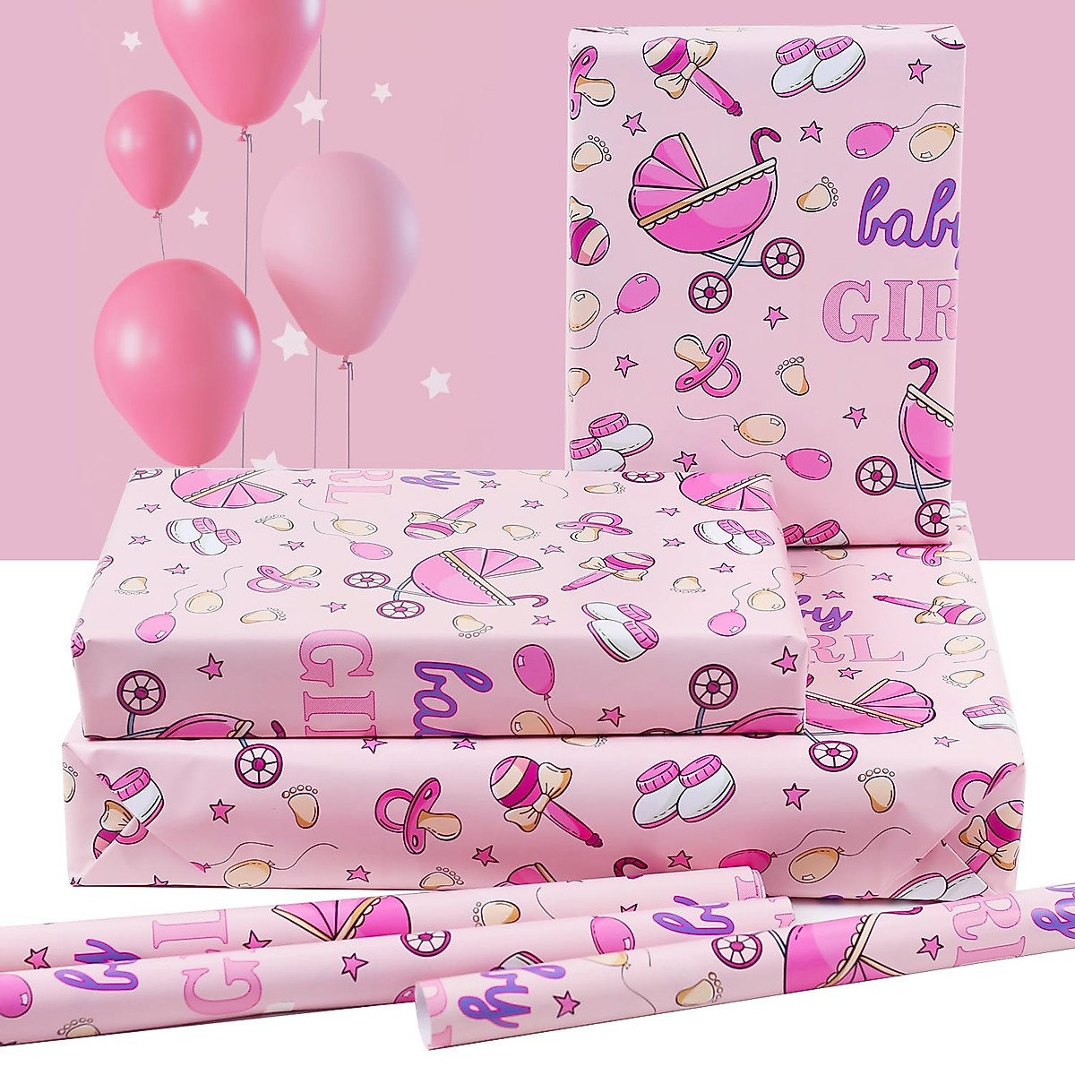 Baby Girl Wrapping Paper For Kids Girls, 6 Sheets Stroller Baby Socks Nipple Balloons Designs 20 x 28 inch Birthday Wrapping Paper for Baby Shower Birthday Kindergarten Newborn