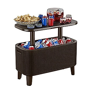 Keter Bevy Bar Indoor Outdoor 17 Gallon 2 in 1 Beverage and Snack Station Pop Up Side Table Bar Cart, Beer and Wine Cooler Storage, Rattan Brown
