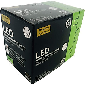 LED Twinkle Compact Lights 20Ft White w Green Strand Battery Operated 8 Function Remote Control