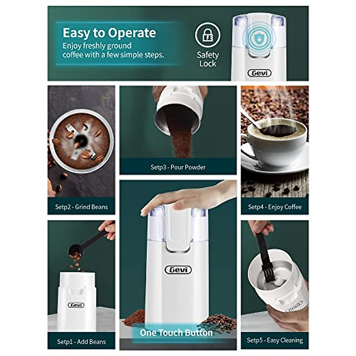 Gevi Coffee Grinder, Electric Coffee Grinder, Quiet Grinder with Staninless Steel Blade for Coffee Beans, Peanut, Beans, Spice, Nuts and More, with 2-in-1 Brush&Spoon