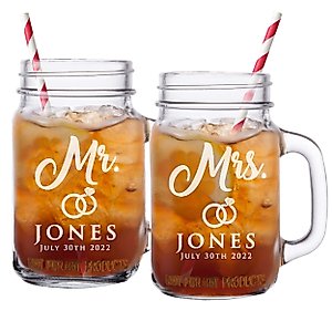 The Wedding Party Store, Mr and Mrs Mason Jar Glasses for Couples - Personalized Engraved Wedding - Custom Monogrammed - Set of 2