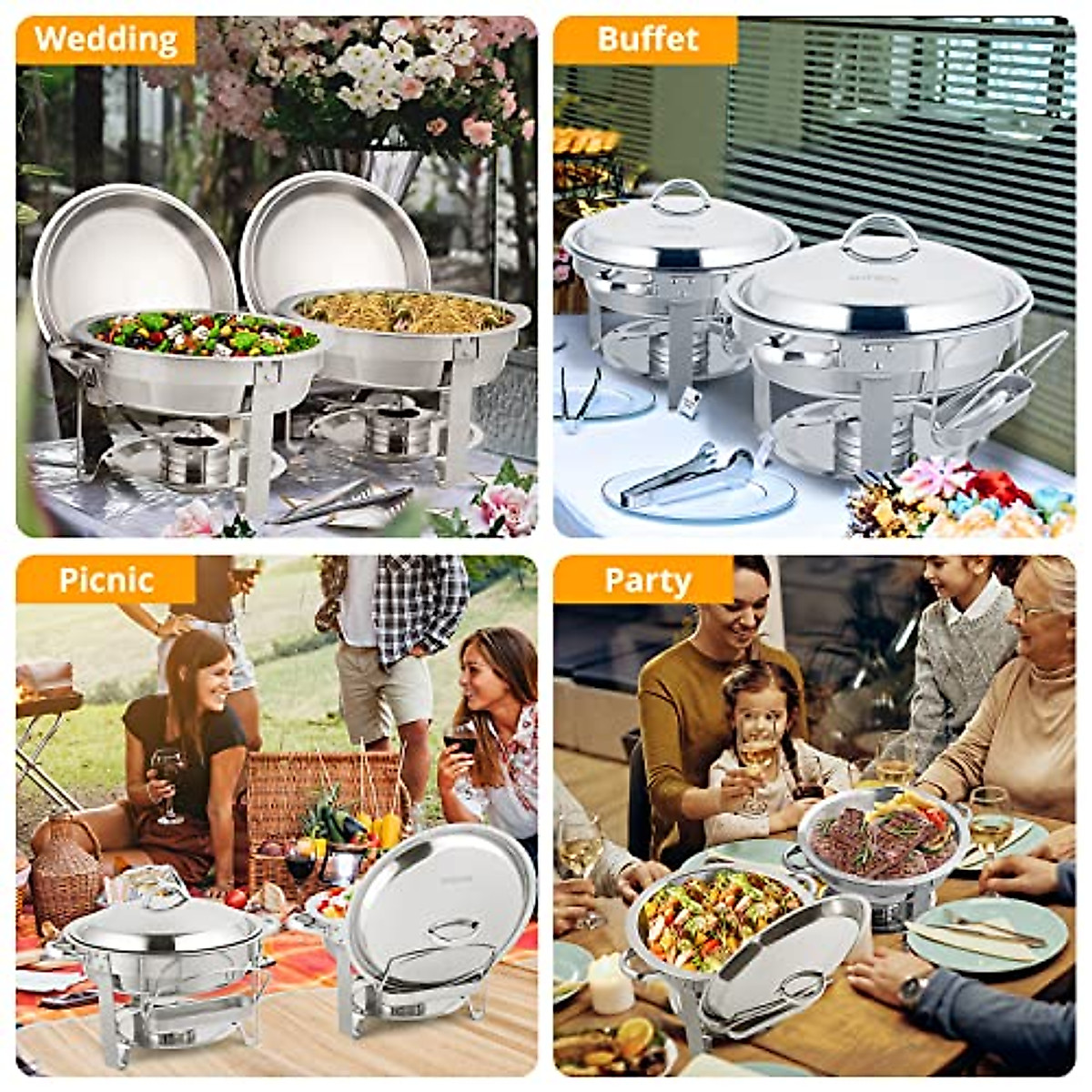 ROVSUN 5 Qt 2 Pack Chafing Dish Buffet Set,Stainless Steel Round Chafers for Catering, Buffet Servers and Warmers Set with Lid Holder & Drip Tray for Wedding Party Banquet Graduation