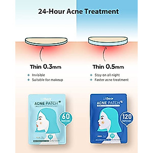 LitBear Acne Pimple Patches- Day and Night 4 Sizes 180 Dots Thin & Thick Hydrocolloid Patches with Witch Hazel, Tea Tree & Calendula Oil, Extra Adhesion Pimple Patches for Face Zit Patch Acne Dots
