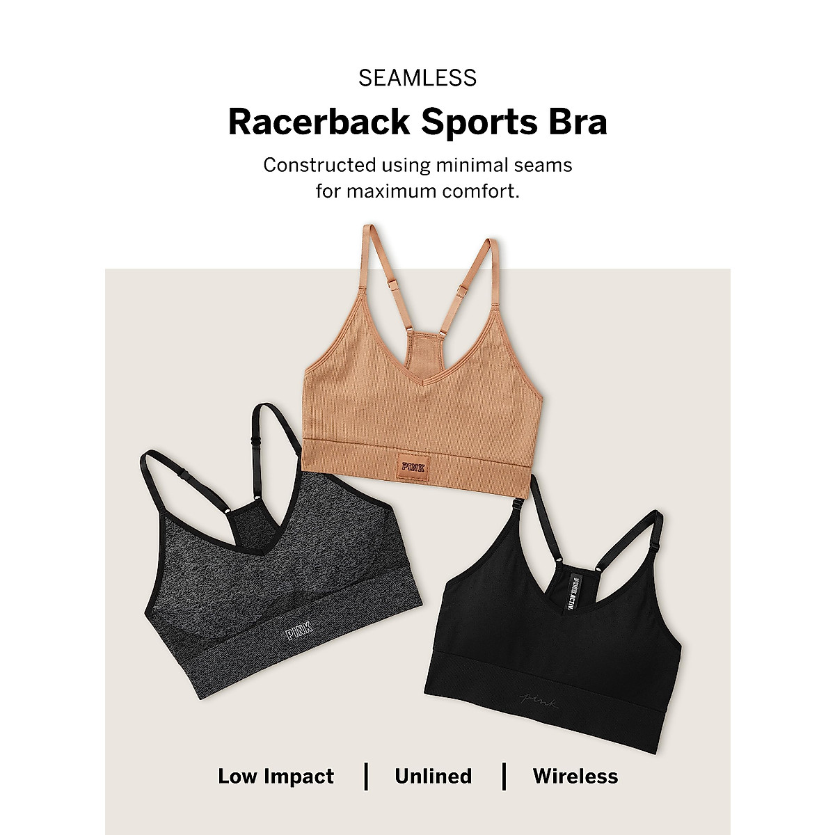 Victoria's Secret Pink Seamless Sports Bra, Low Impact Bras for Women, Racerback, Black (XL)