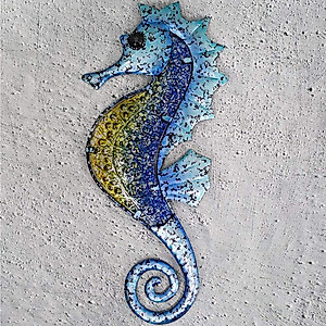 HONGLAND 14.4 Inch Metal Plus Glass Seahorse Wall Hanging Art Decoration-For Outdoor/Indoor/Living Room-Pretty Gifts for Relatives and Friends