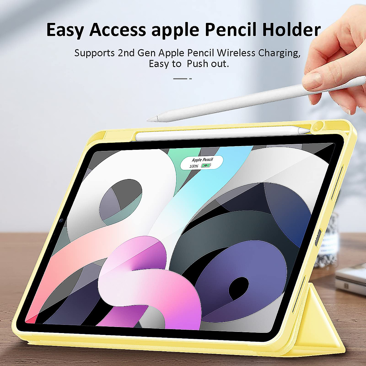 Hoidokly iPad Air 5th Generation Case 2022, iPad Air 4th Generation Case 2020 10.9 Inch with Pencil Holder [Support Touch ID and iPad 2nd Pencil Charging], Trifold Stand Smart Folio Case, Yellow