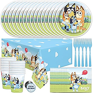 Unique Bluey Birthday Party Supplies | Bluey Party Supplies | Bluey Birthday Decorations | Bluey Party Decorations | With Bluey Tablecover, Bluey Plates, Bluey Cups, Bluey Napkins, Forks, Button