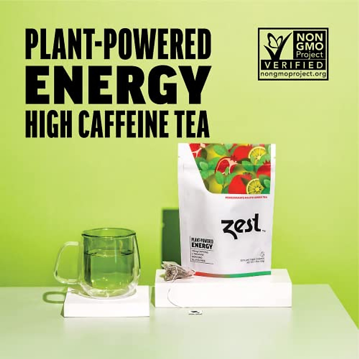 Zest 135mg High Caffeine Energy Leaf Blend - Pomegranate Mojito Green Tea - 20 Pack Bag - All Natural Strong Flavored Healthy Coffee Alternative Highly Caffeinated Substitute - Perfect for Keto