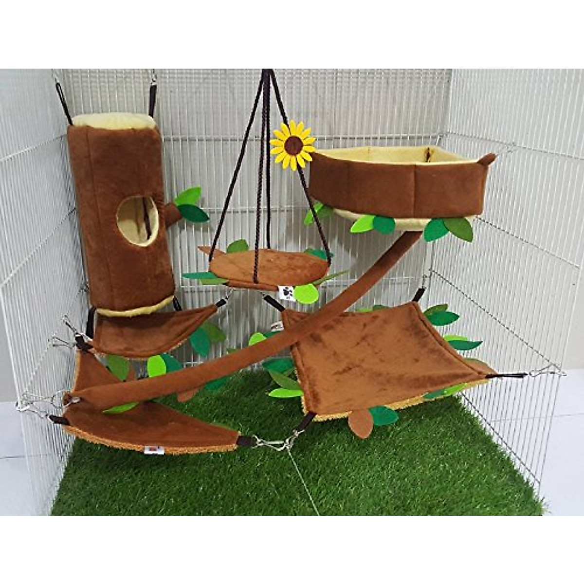 HOT! 7 Pcs/Set Cute Sugar Glider Hamster Marmoset Squirrel Chinchillas Small Pet Hanging Log + Edge Corner Light Brown Cage Set Forest Pattern Get Free 1 Small Pet Treats, PB's REPUBLIX