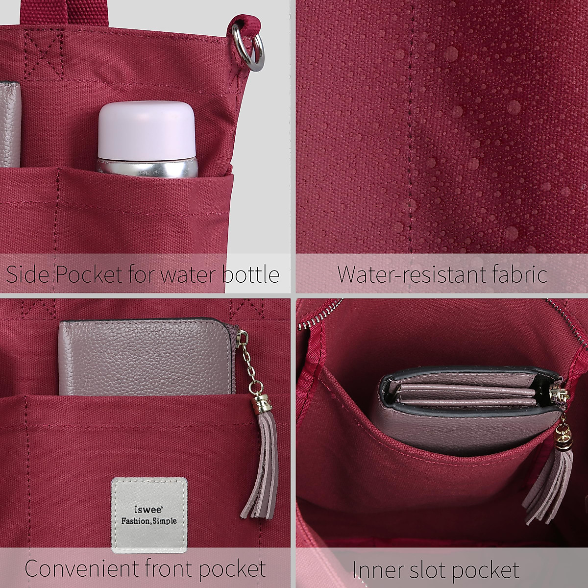 Iswee Canvas Tote Bag with Zipper Multi Pockets Tote Purse for Women Fashion Crossbody Tote Shoulder Bag Handbag Everyday Bag(Wine)