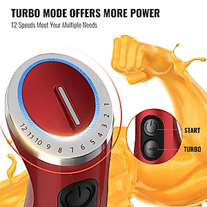 KOIOS 800W 4-in-1 Multifunctional Hand Immersion Blender, 12 Speed 304 Stainless Steel Stick Blender, Titanium Plated, 600ml Mixing Beaker, 500ml Food Processor, Whisk Attachment, BPA-Free, Red