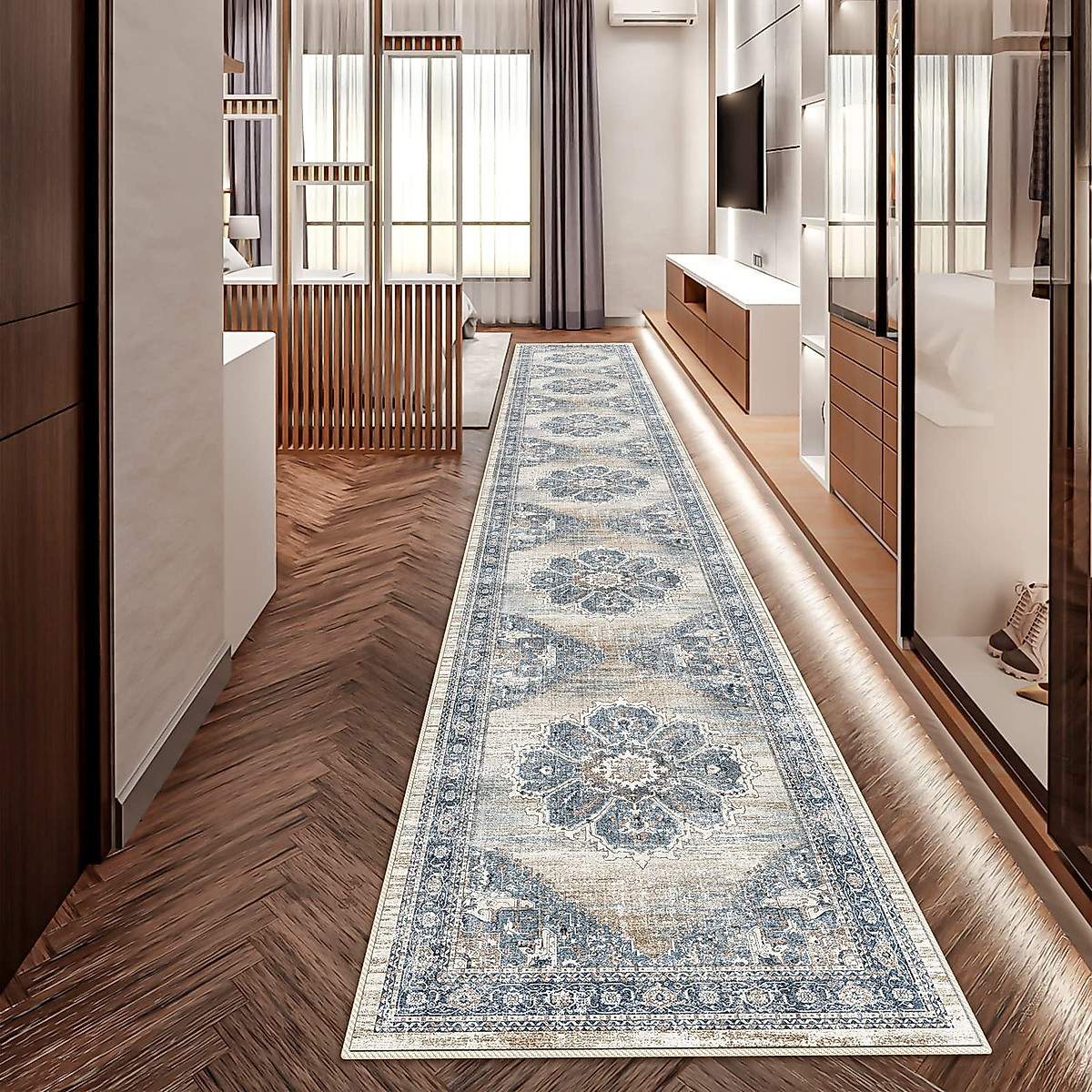 YOUFORTONG Runners for Hallways Soft Kitchen Rug Non Slip Rug Runner with Rubber Backing for Bathroom Washable Non Shedding Farmhouse Runner Rug (Blue, 2X12)