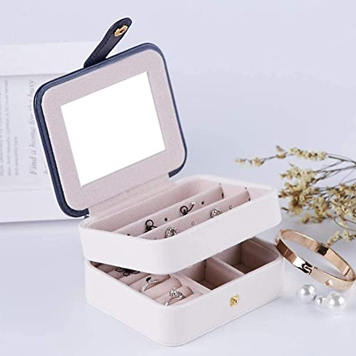 ZZYINH AN207 Korean Style Fresh Simple Girl Earrings Plate Jewelry Box Organizer Leather Earrings Ring Multi-Function Jewelry Storage Box Small Jewelry (Color : White)