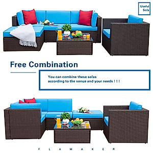 Flamaker 6 Pieces Patio Furniture Set Outdoor Sectional Sofa Outdoor Furniture Set Patio Sofa Set Conversation Set with Cushion and Table (Blue)